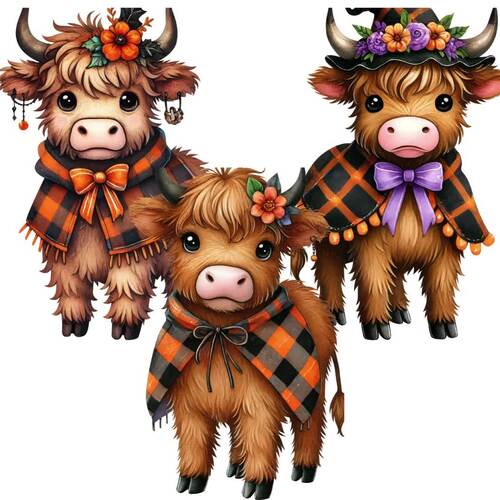 12 Halloween Highland Cow Clipart PNG Set by V Design Art Shop | TPT