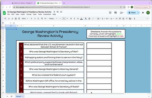 President George Washington Interactive Google Sheets Digital Game Activity