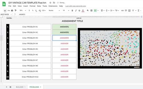 GOOGLE SHEETS DIY Digital Pixel Art Template EDITABLE | Vintage Car