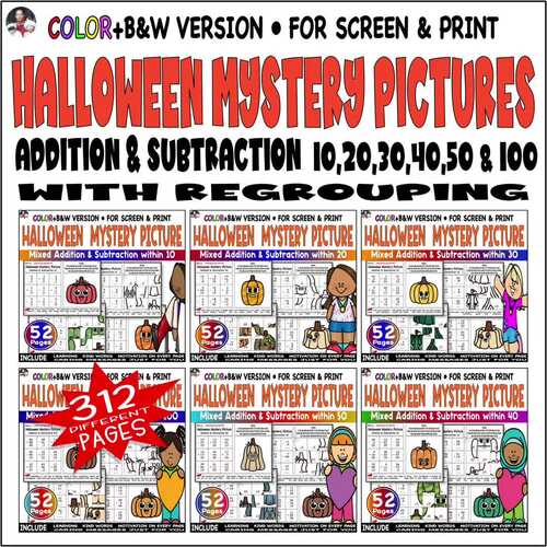Mixed ADD SUBTRACT 10 20 30 40 50 & 100 with regrouping | Halloween ...