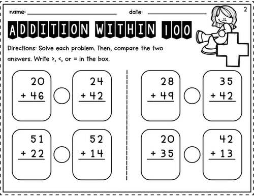 2-Digit Addition and Subtraction Within 100 & Compare Answers Worksheets