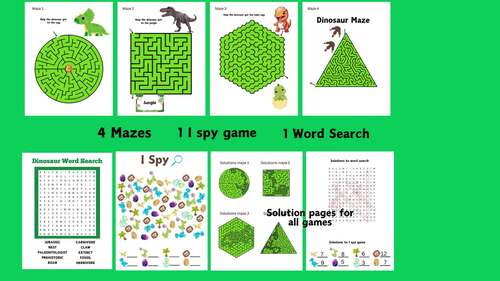 Dinosaur Activity Packet- Dinosaur Mazes- Dinosaur Word Search | TPT