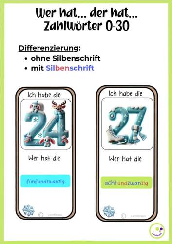 German: Winter-Themed 'Who Has, Who Has' Game: Numbers Zahlen + Zahlwörter