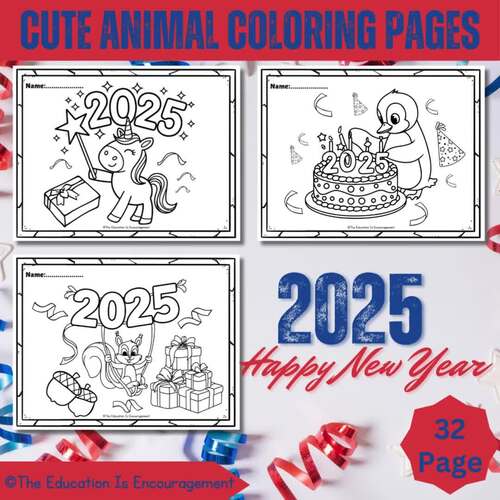 2025 Happy New Year Coloring Sheets: Fun Animal Designs for Kids Printable