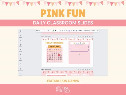 Daily Classroom Slides | Pink Canva Template | Editable Teacher Agenda