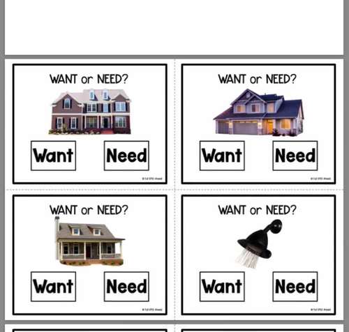 Economics Wants or Needs Task Cards Activities for Special Education