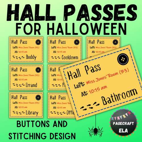 EDITABLE 15 Hands-Free Hall Passes for Halloween (Buttons and Stitching ...