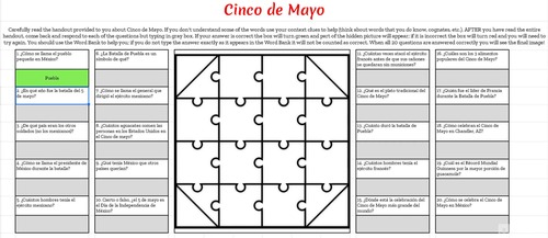 Spanish Cinco de Mayo Activity Digital Printable Reading Worksheets