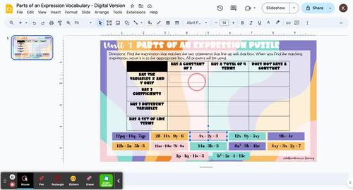 Identifying Parts of An Expression - Vocabulary Digital and Print Activity