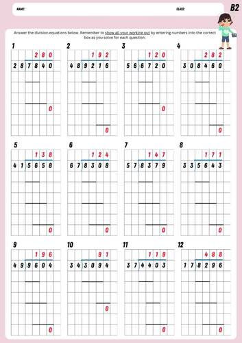 Long Division worksheet 4-Digit by 2-Digit with & no Remainders, detail ...