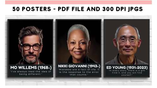 50 Famous Authors & Writers Quotes, Printable Posters for Classroom Library