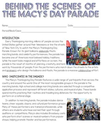 Behind the Scenes of The Macy's Day Parade: Middle School ELA Bundle