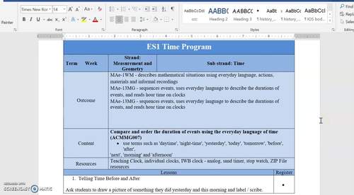 ES1 Kindergarten Time (Sequencing, Duration, Days of Week, Clocks, O'clock)