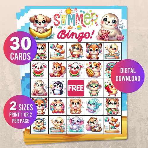 Summer Bingo Game | 30 Cute Animal Bingo Cards | Fun Beach & Vacation Theme