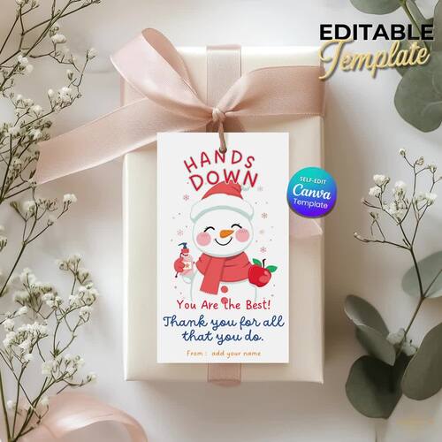 Editable Christmas Teacher Gift Tag | Hands Down Holiday Favor Tag ...