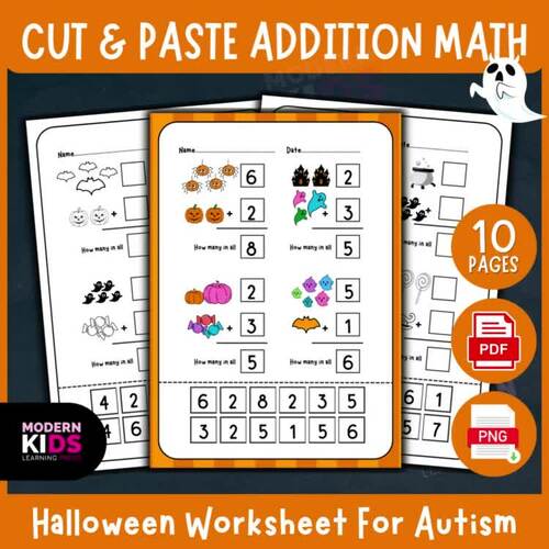 Cut & Paste Addition Math - Halloween Worksheet For Autism | TPT
