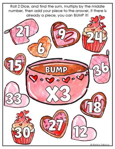 Valentine's Day Multiplication Bump Game Math Dice by Three Little Kittens