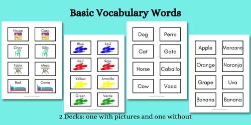 Spanish English Vocabulary Matching Game Cards Bundle for Memory and Go ...