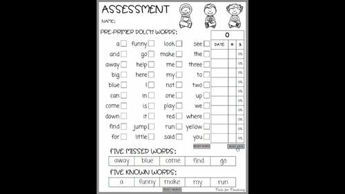 Pre Primer Sight Word Assessment Digital & Differentiated Editable PDFs
