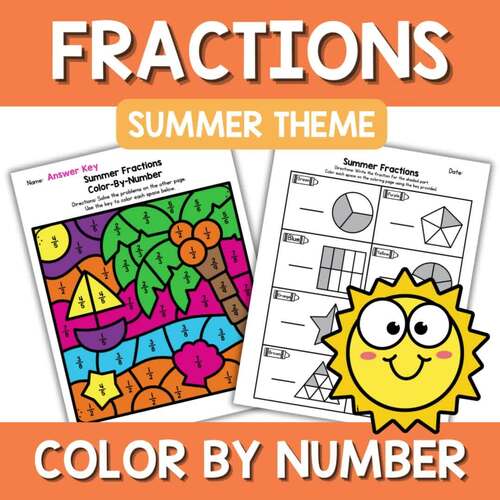 Fractions Color by Number Summer Beach Theme Math Center Worksheet 2nd ...