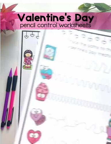 Pencil control worksheets: VALENTINE'S DAY elementary fine motor activity
