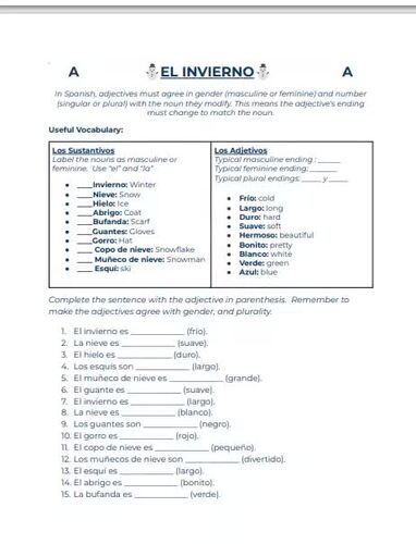 El Invierno - Spanish Winter Adjective Agreement Differentiated Worksheet