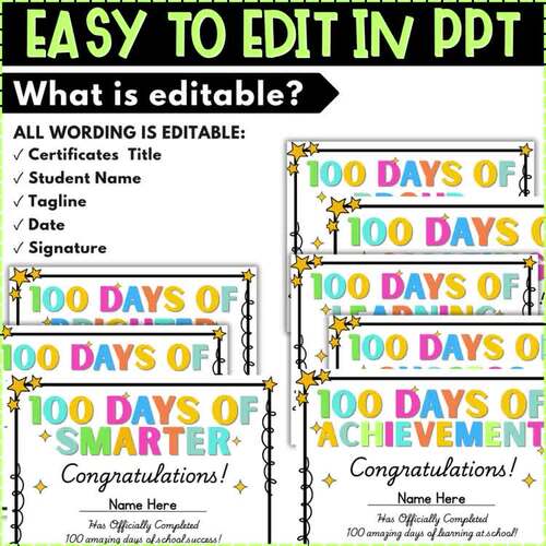 100th Day of School Certificates | Editable Printable | 100 Days ...