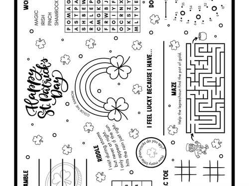St. Patrick’s Day Activity Mat, Puzzle Games Riddle Tic Tac Toe Word ...