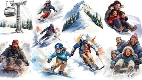 Watercolor Winter Sledding Clipart Set of 20 Files by ArtisticTimberStudio