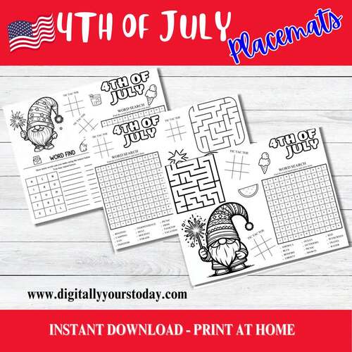 4th of July Placemats - Independence Day Games Activity Printables for Kids