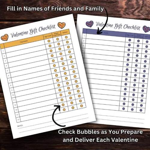 Valentine Gift Exchange Checklist, Classroom Valentine Card Tracker
