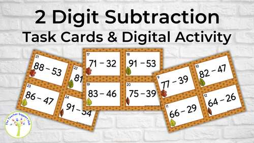 Math Two Digit Subtraction Write the Room Task Cards and Digital for Fall
