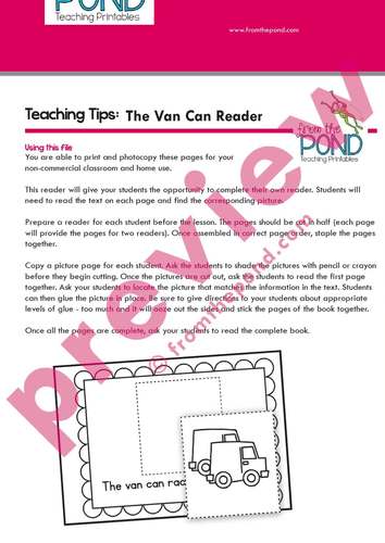 Word Family Printable Reader - The Van Can - Print Cut Make and READ