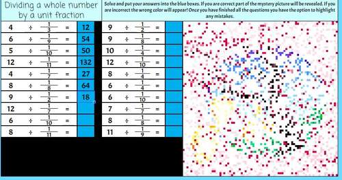 Dividing Whole Numbers by Unit Fractions Pixel Art Digital Activity