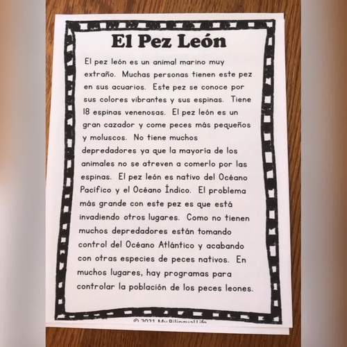 El Pez León / Lion fish - Spanish Reading Comprehension Activity Printable