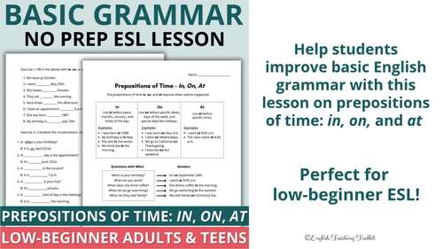 Low Beginner ESL Grammar Worksheets Adult ESL Prepositions of Time In ...