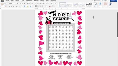 7th/8th Grade Math Valentine's Day Worksheet Activity: Angles Vocabulary