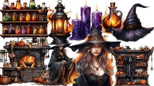 Watercolor Halloween Witches Clipart Set of 20 Files by ...