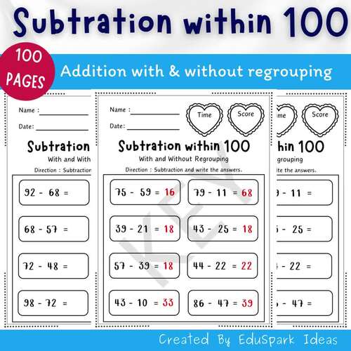 Subtraction Within 100 - With and Without Regrouping - for 1st to 3rd grade