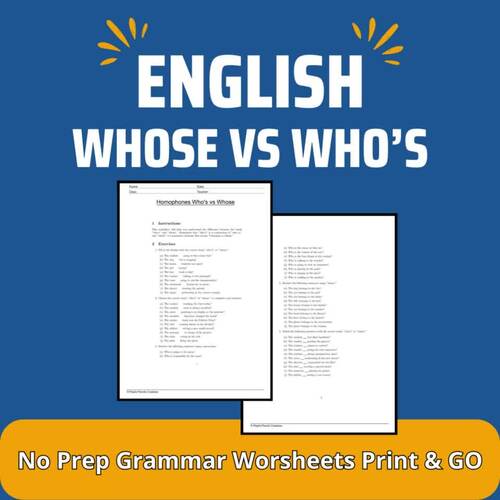 Homophones who's vs whose English Grammar worksheet No Prep Quiz activity
