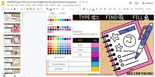 New Years 2025 Color by Word Editable Typing Practice Google Slides