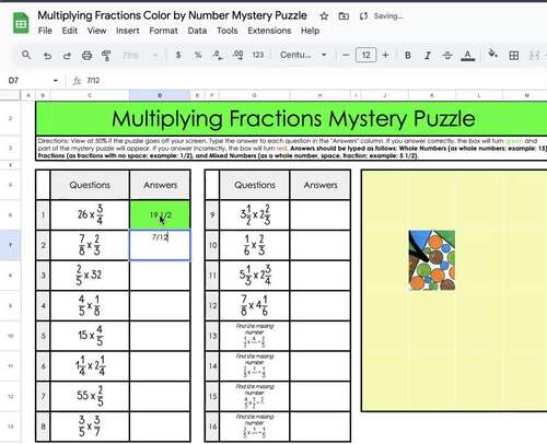 Multiplying Fractions Color by Number and Google Sheets Activity