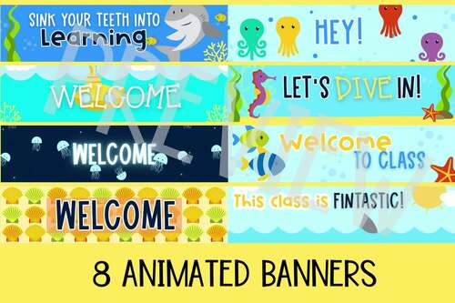Animated sea ocean animal themed Google Classroom headers banners