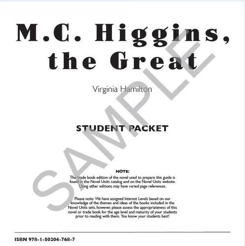 M. C. Higgins, the Great Novel Units® Student Packet Novel Study