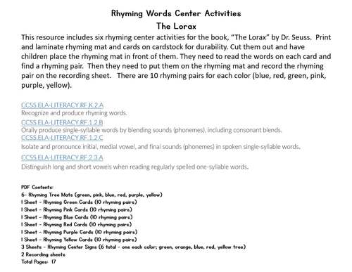 Rhyming Words Center Activities Dr. Seuss The Lorax by Teachtree