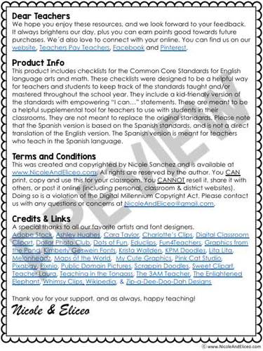 First Grade Common Core Standards I Can Checklists 2 by Nicole and Eliceo