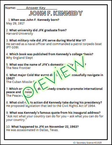 John F. Kennedy US President Study Guide Worksheet Coloring and Questions
