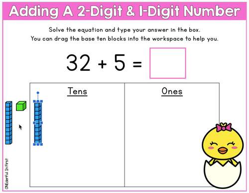 Adding a 2-Digit and 1-Digit Number for Google Slides (Spring-Themed)