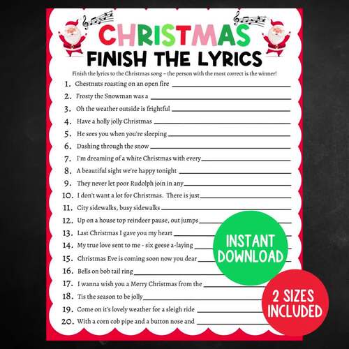 Classroom Christmas Game, Printable Christmas Finish The Lyrics Game