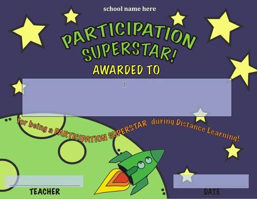 Distance Learning Certificate -Participation Superstar!- Editable PDF